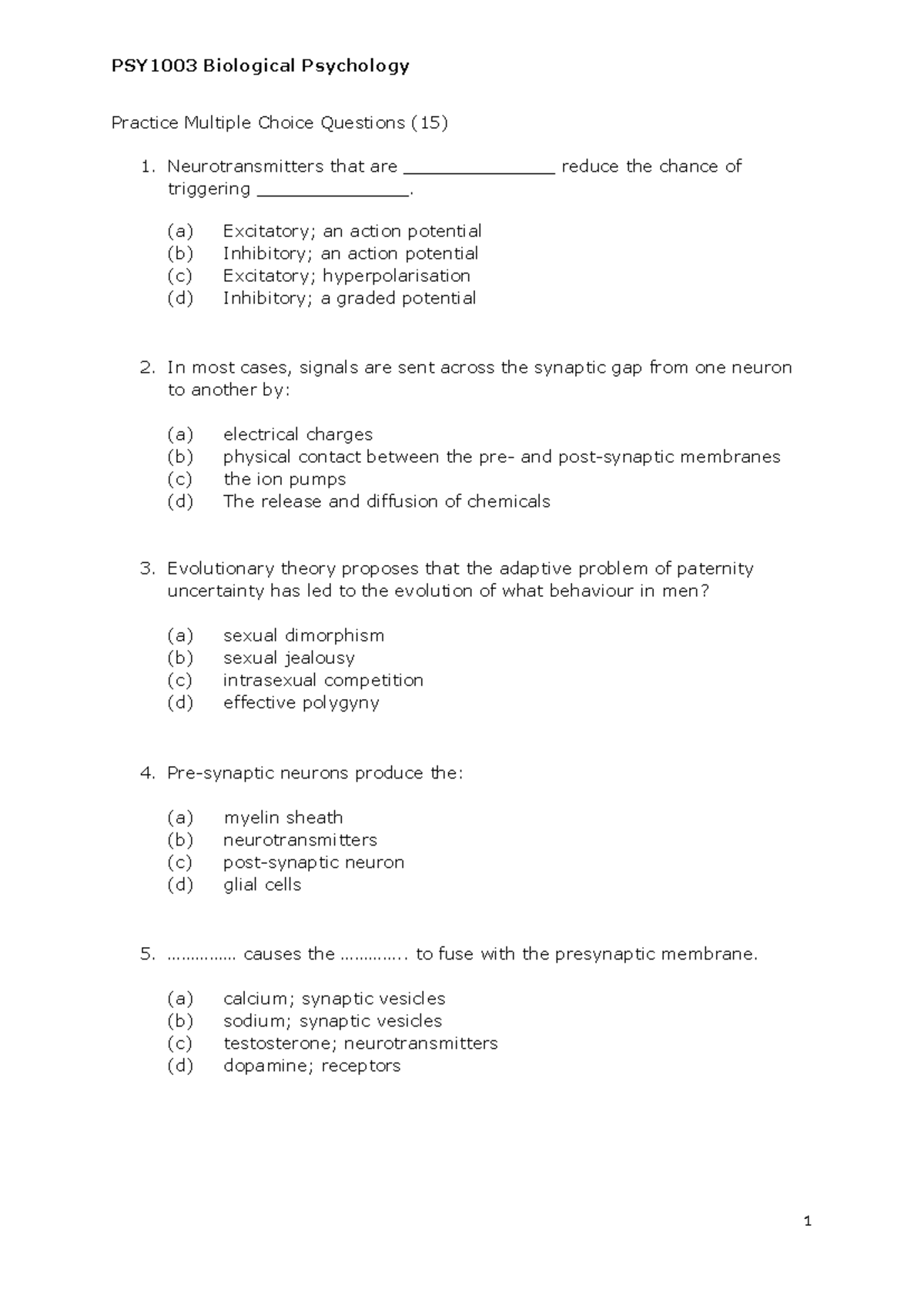 PSY1003 Bio Psych MCQs (part 2) - PSY1003 Biological Psychology ...