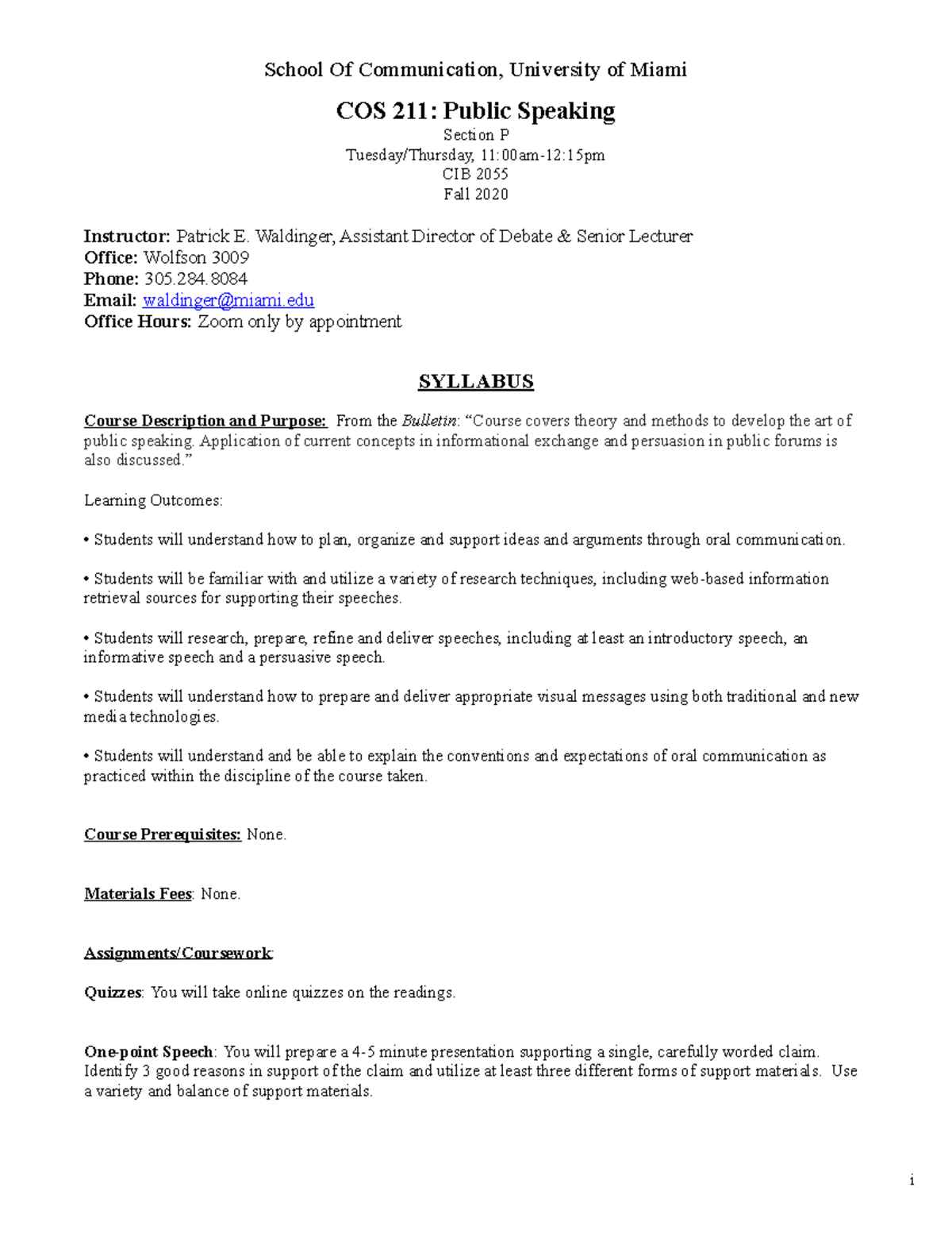 COS 211 - Public Speaking Syllabus - Fall 2020 - COS 211: Public ...