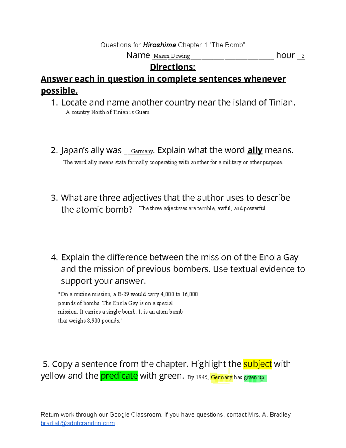 Mason Dewing - Questions for Hiroshima Chapter 1 - Questions for ...