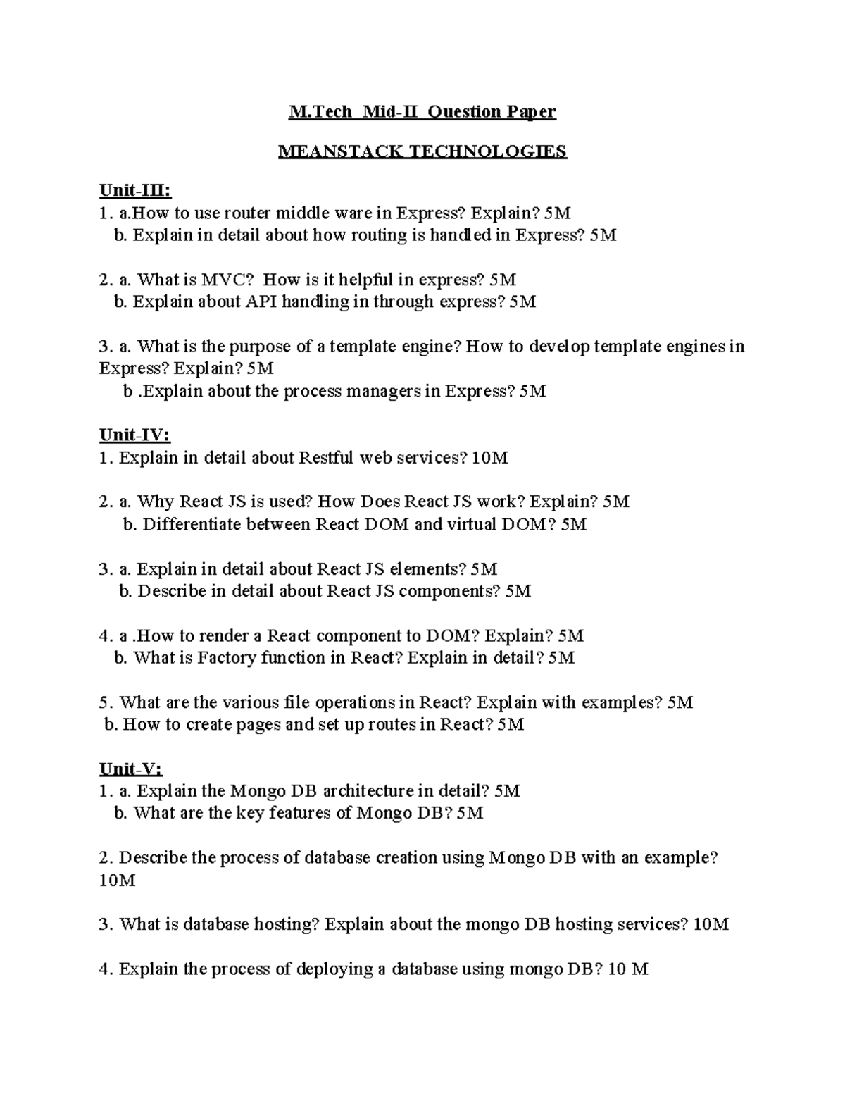 M.Tech I-II mean stack Mid2 - M Mid-II Question Paper MEANSTACK TECHNOLOGIES Unit-III: a to use ...