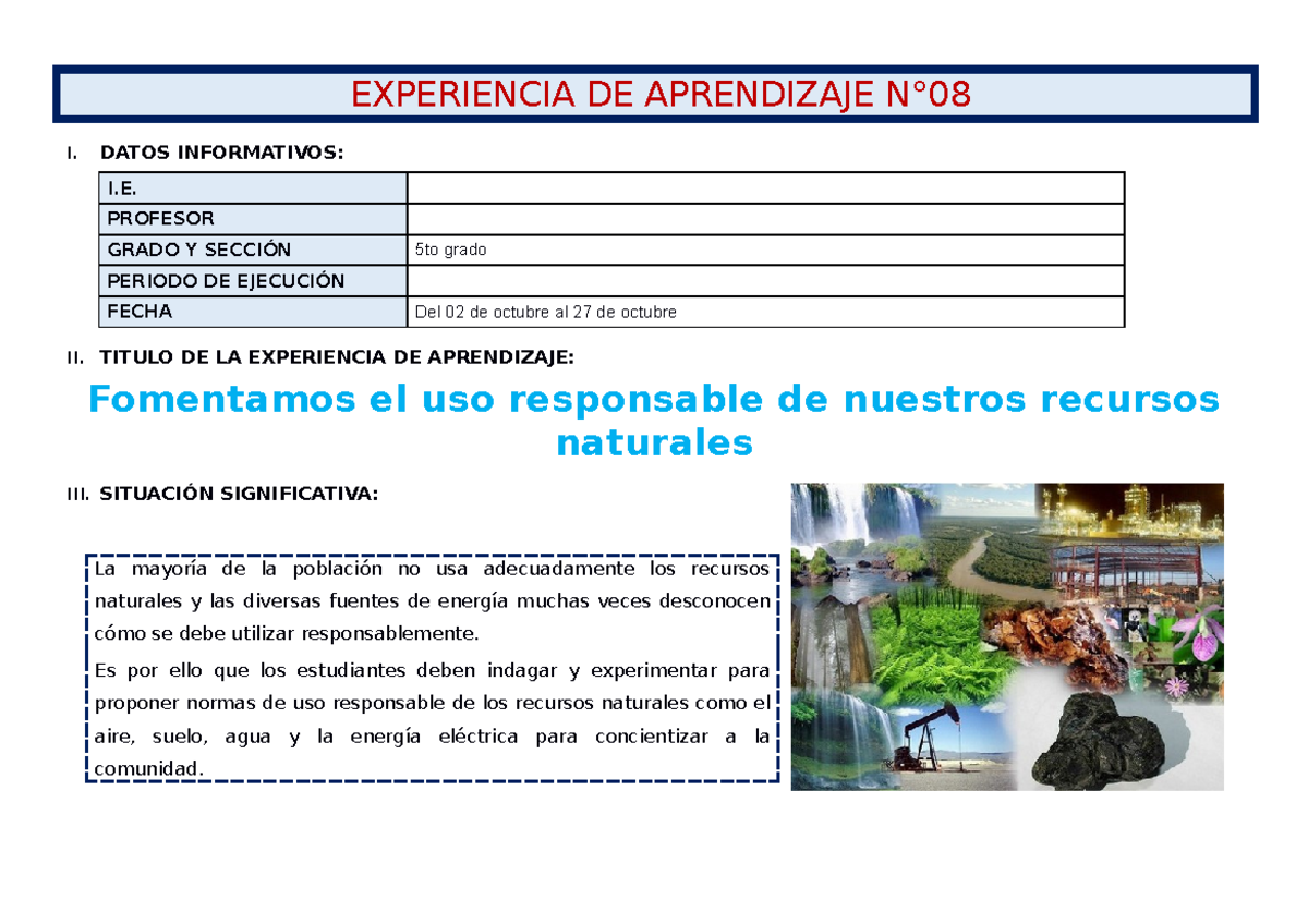5° Grado - Experiencia DE Aprendizaje N°08 - EXPERIENCIA DE APRENDIZAJE N° I. DATOS INFORMATIVOS ...