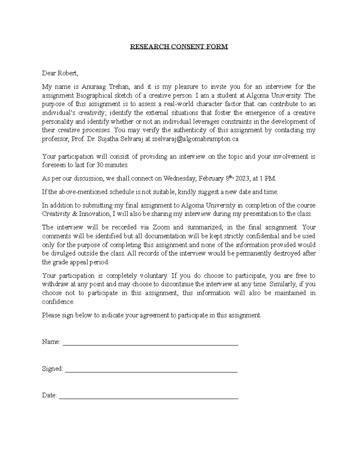 Research Consent Form - Interview form - RESEARCH CONSENT FORM Dear ...