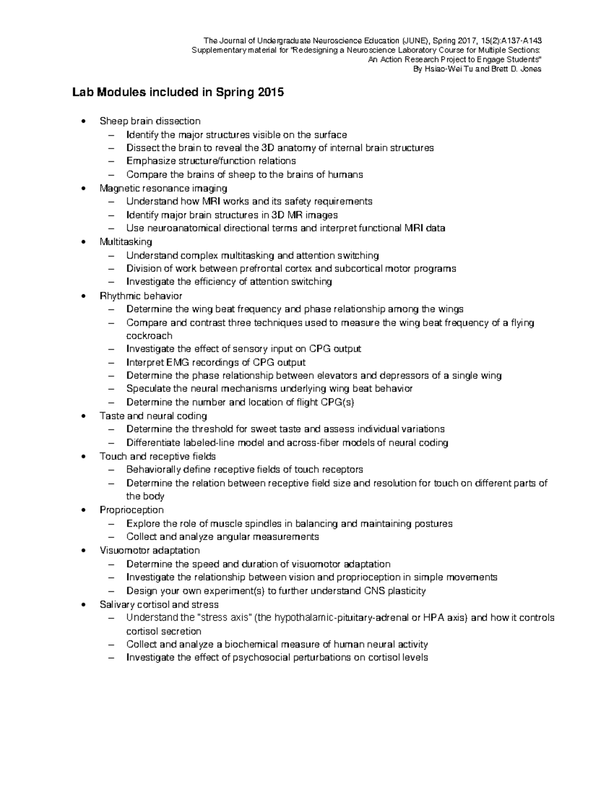 Neuroscience lab curriculum - The Journal of Undergraduate Neuroscience ...