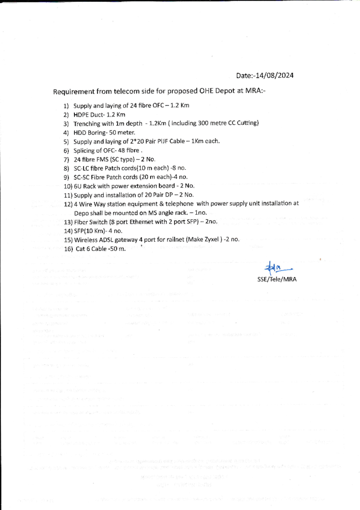 Telecom requirement for OHE Depo MRA - Date:-1410812A Requirement from ...