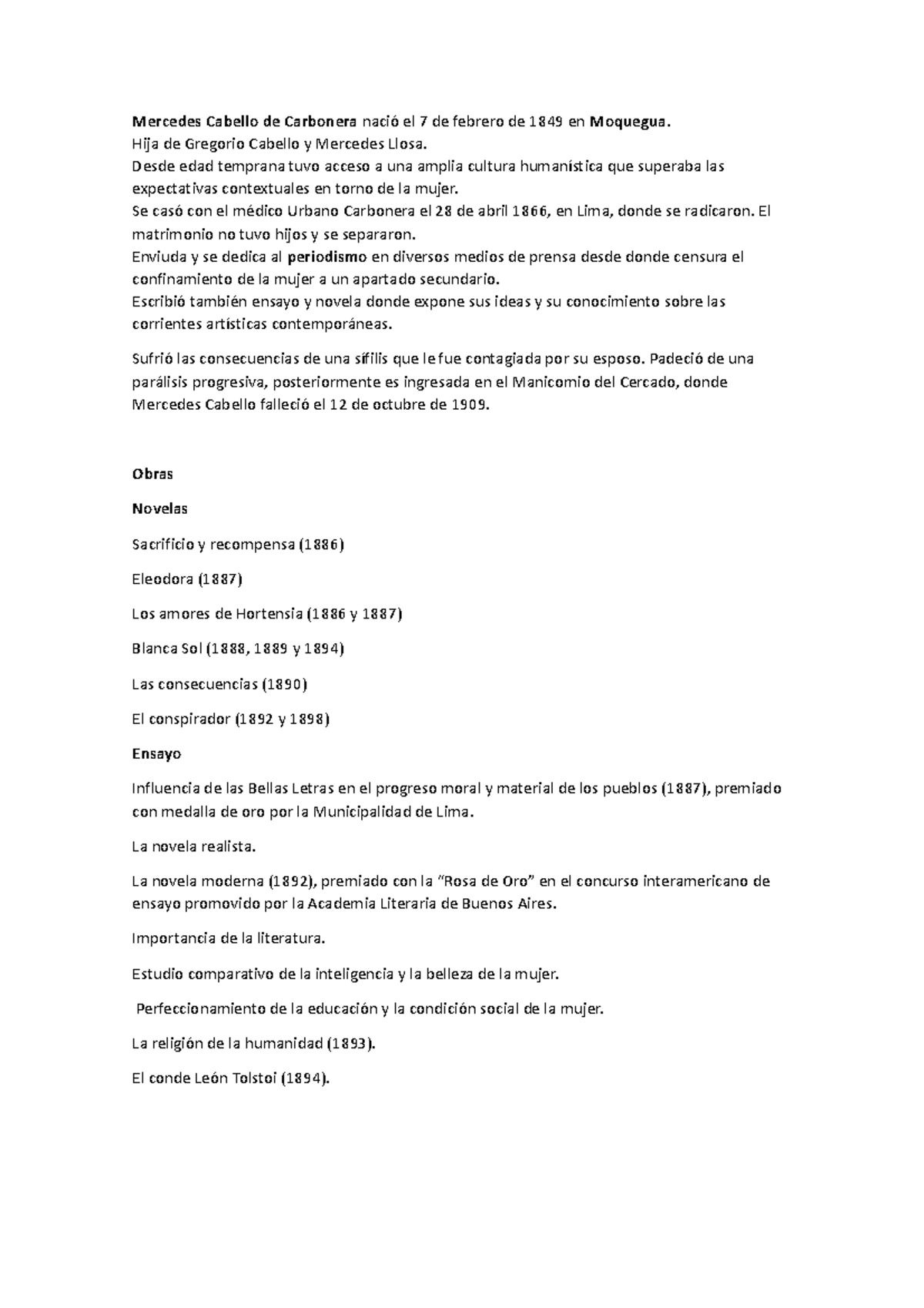 Mercedes Cabello de Carbonera - Hija de Gregorio Cabello y Mercedes ...