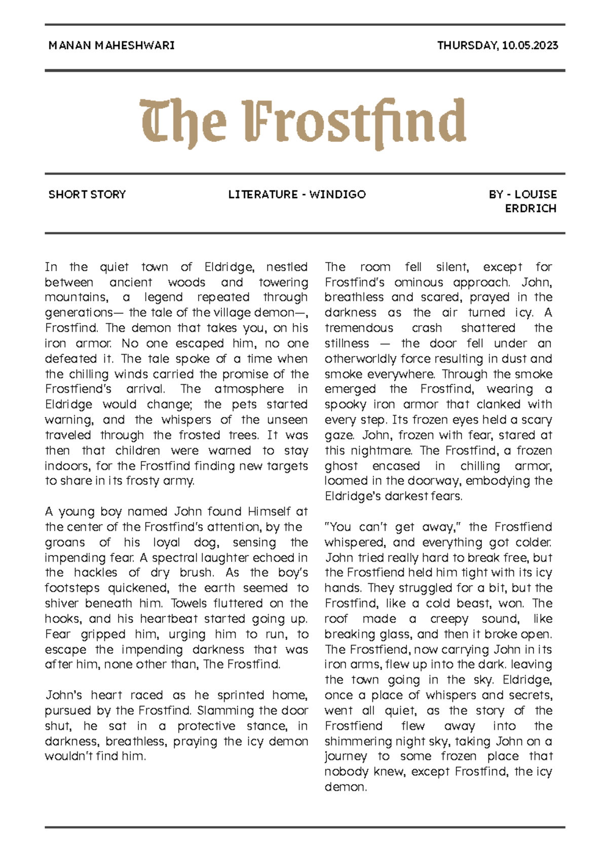 English 2 PBA - MANAN MAHESHWARI THURSDAY, 10. The Frostfind SHORT ...