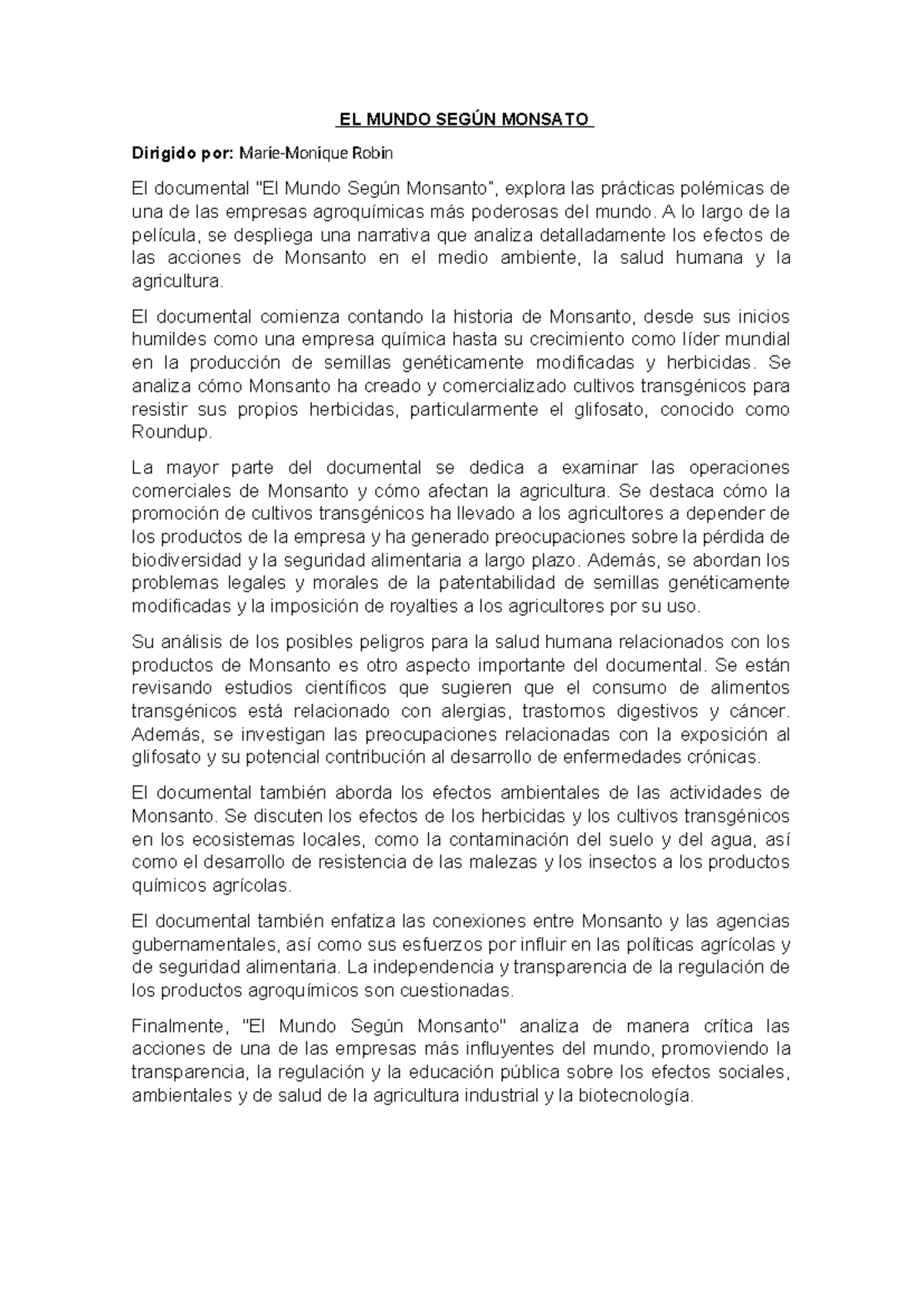 EL Mundo Según Monsato - EL MUNDO SEGÚN MONSATO Dirigido por: Marie ...