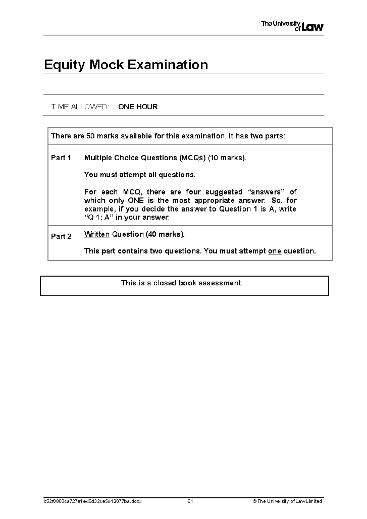 2122 eqtr ce02 mock exam - Equity Mock Examination TIME ALLOWED: ONE ...