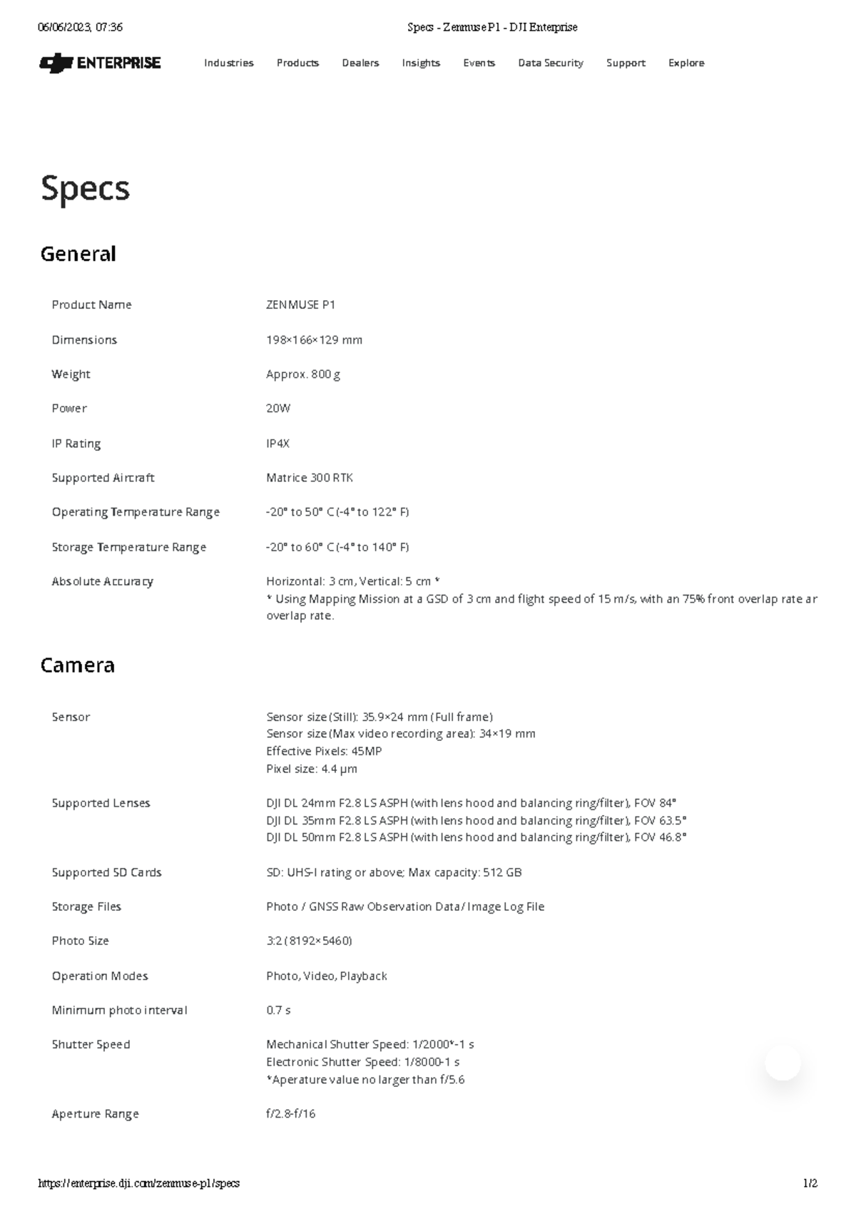 Specs - Zenmuse P1 - DJI Enterprise - 06/06/2023, 07:36 Specs - Zenmuse ...
