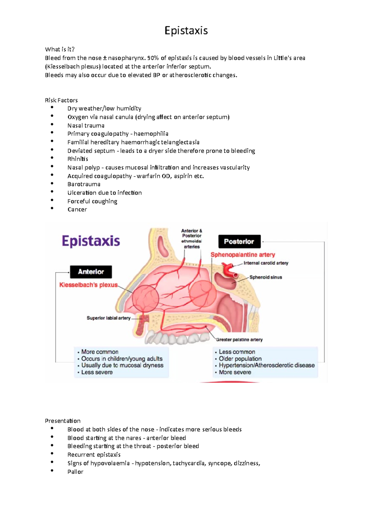 Epistaxis - Lecture notes 1 - What is it? Bleed from the nose ± ...