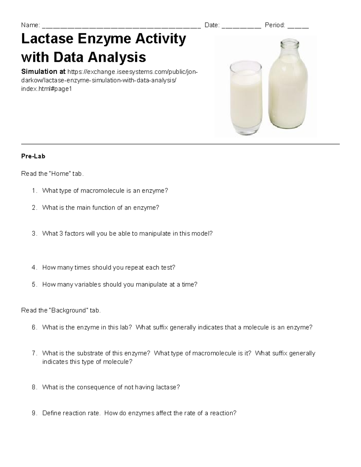 Lactase Enzyme Activity with Data Analysis 2021 p H - Name: - Studocu