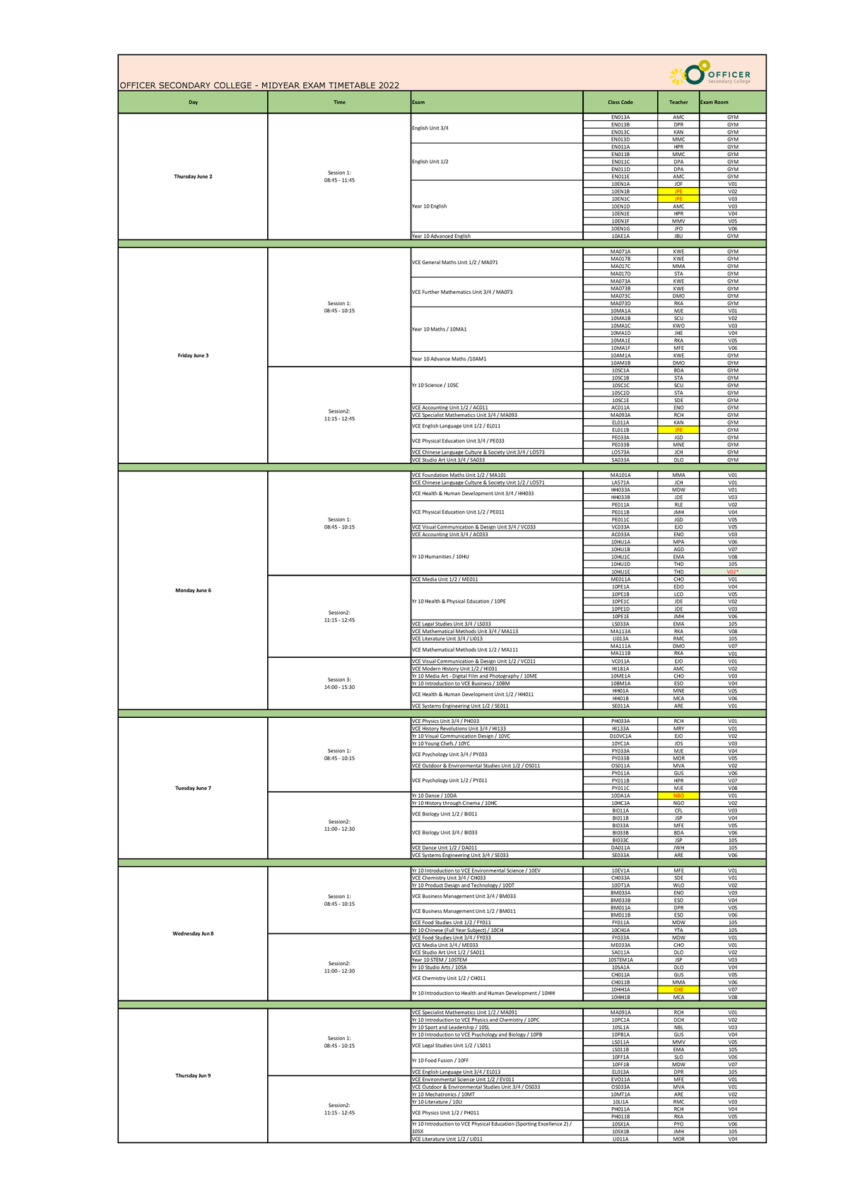 Schedule Mid Year - Publish - Day Time Exam Class Code Teacher Exam ...