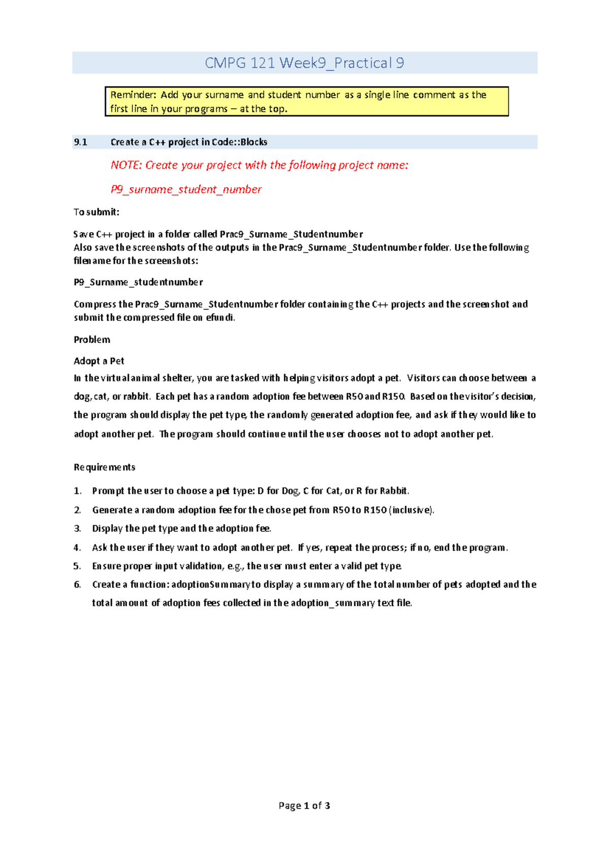 CMPG121 Week01 Prac 1 Instruction 1 - Page 1 of 3 CMPG 121 Week9_Practical 9 Reminder: Add your ...