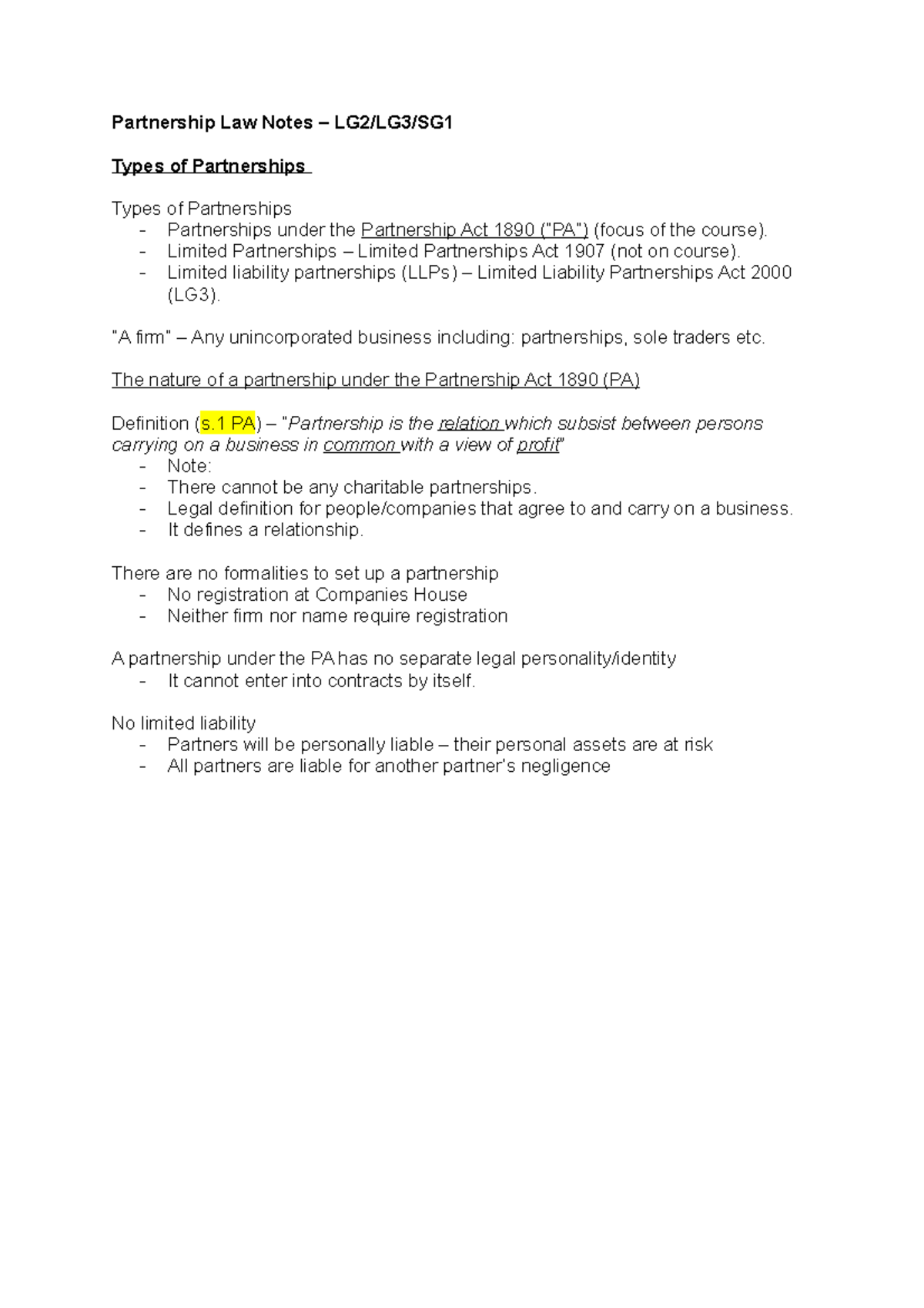 Partnership Law Notes – LG2:LG3:SG1 - Partnership Law Notes – LG2/LG3 ...