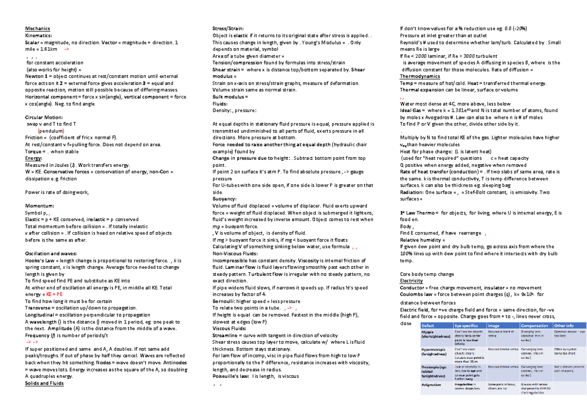 Cheat Sheet for PHSI191 - Mechanics Kinematics: Scalar = magnitude, no direction. Vector ...
