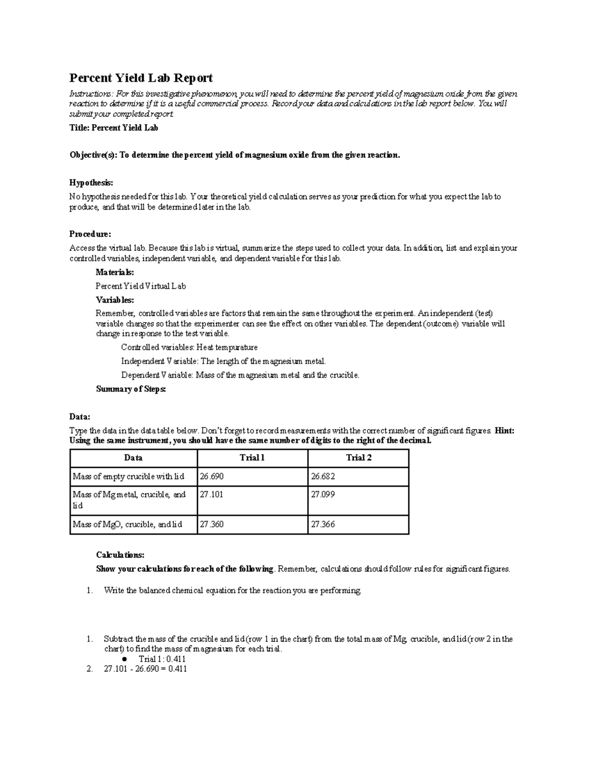 Percent Yield Lab Report 1 - Percent Yield Lab Report Instructions: For ...