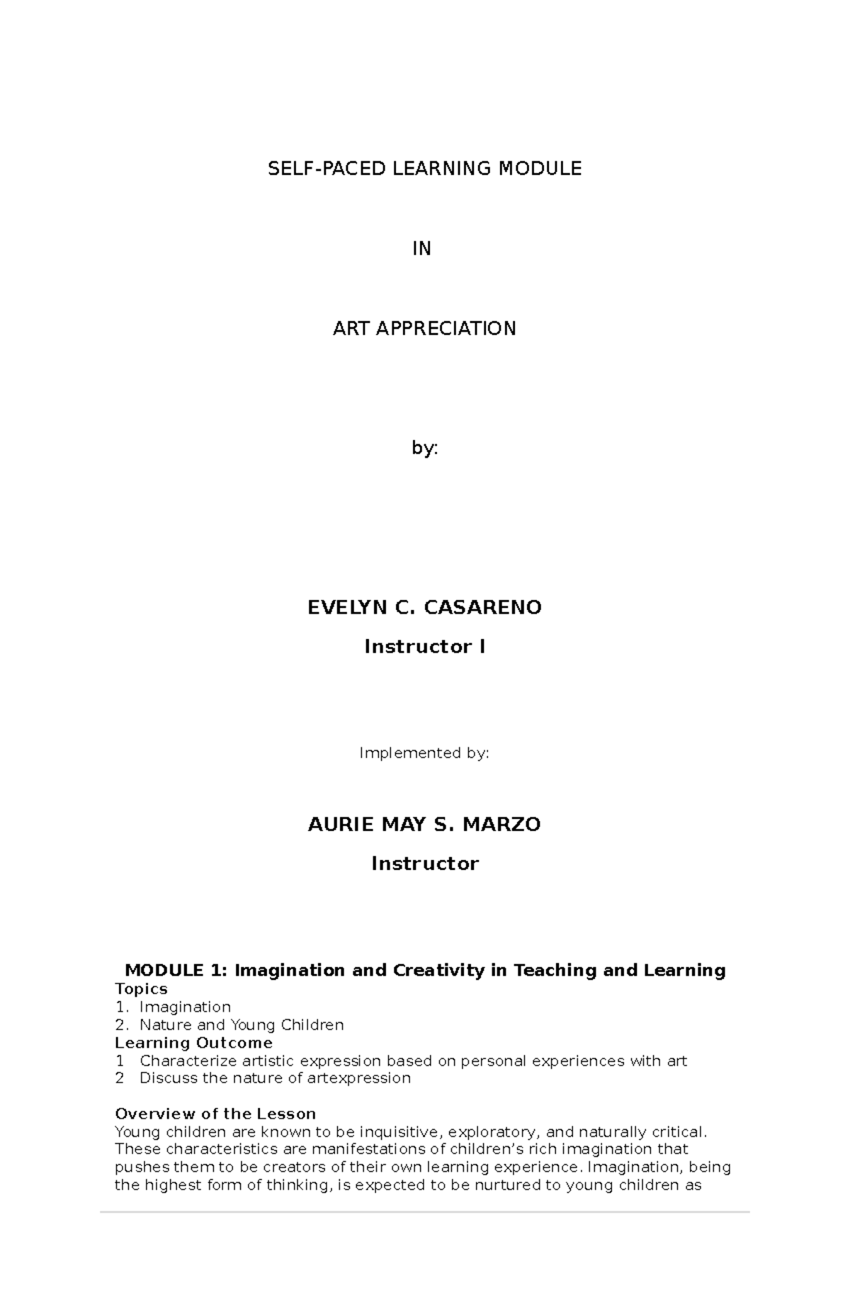 M1 - NEEDED - SELF-PACED LEARNING MODULE IN ART APPRECIATION by: EVELYN ...