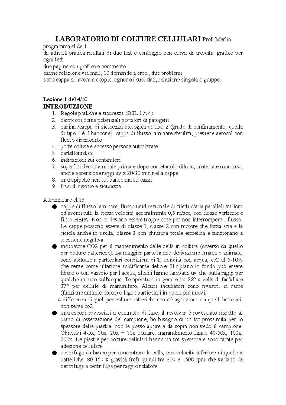 Lab colture appunti - LABORATORIO DI COLTURE CELLULARI Prof. Merlin programma slide 1 da ...