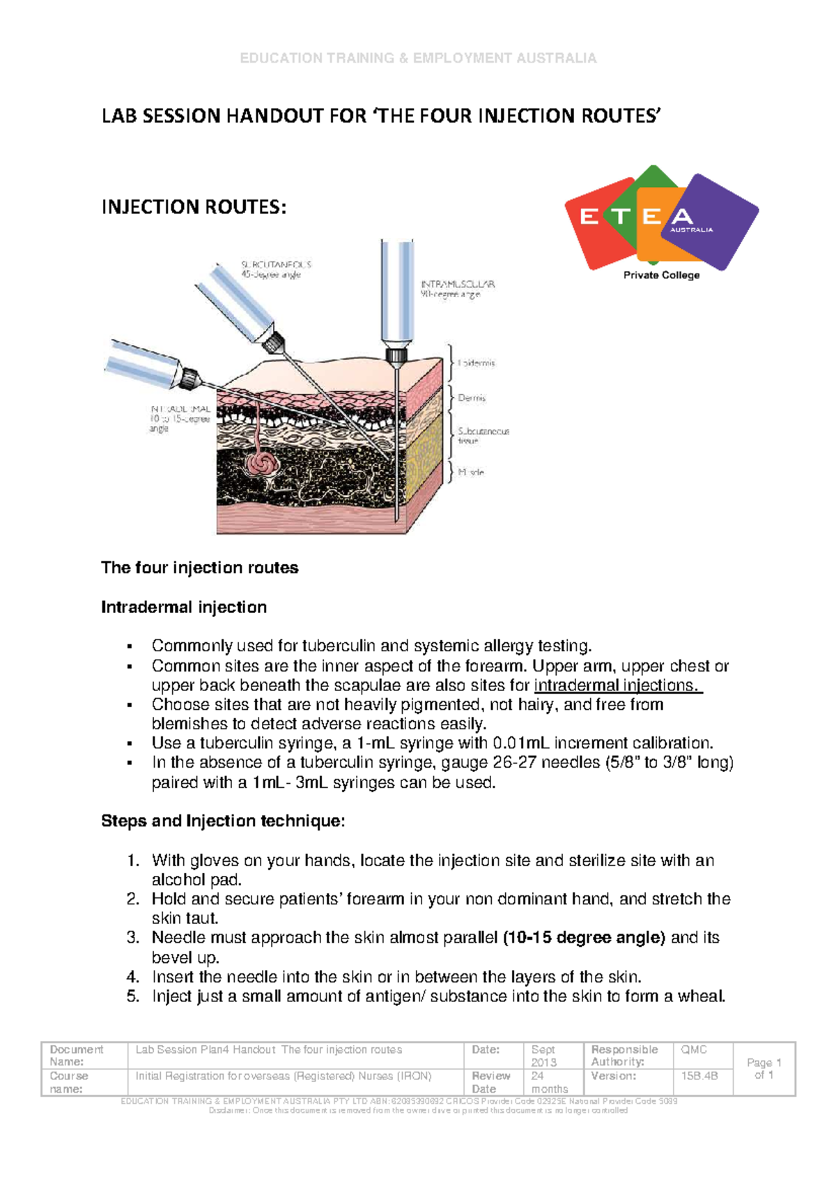 4.3 Lab session handout The four injection routes - NURS50003 - Unimelb ...