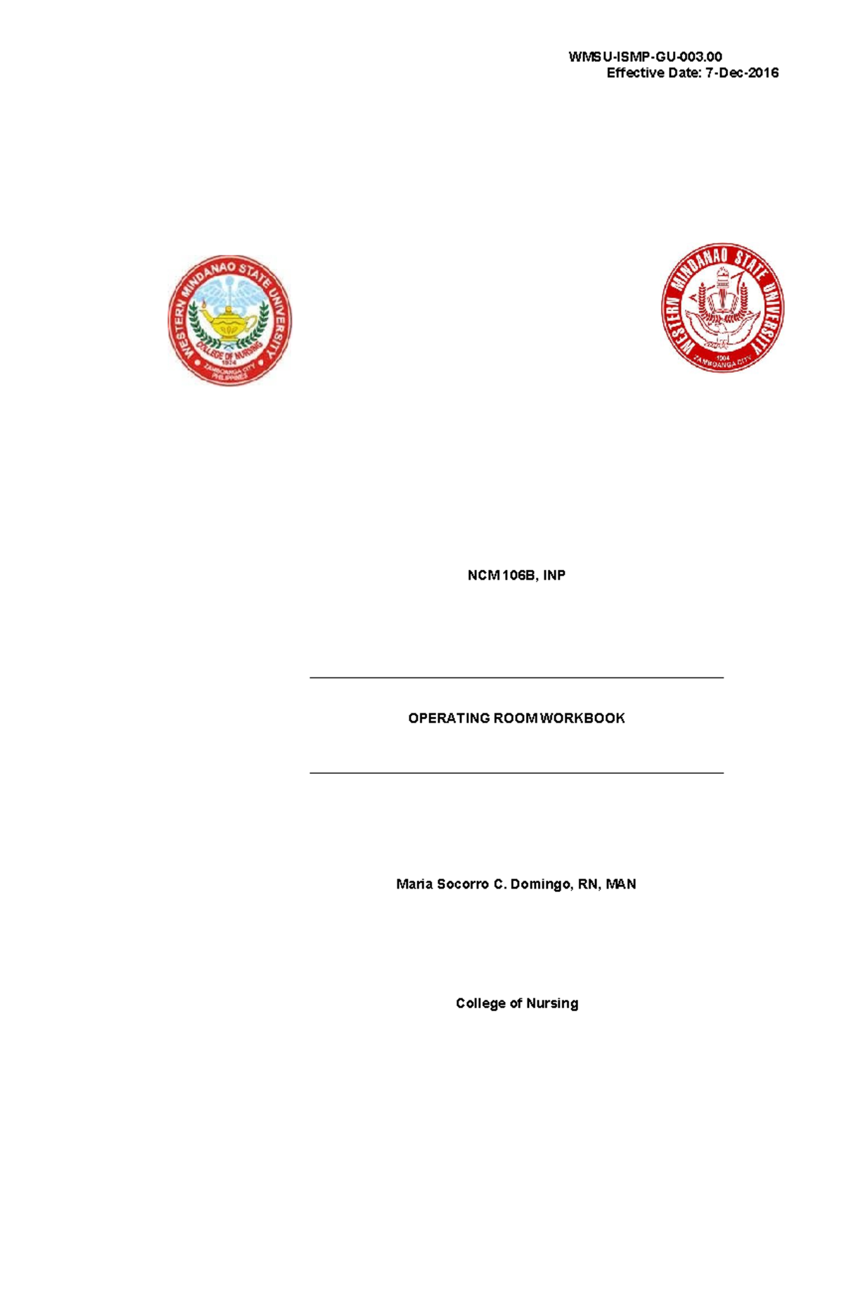 operating room workbook - Effective Date: 7-Dec- NCM 106B, INP - Studocu