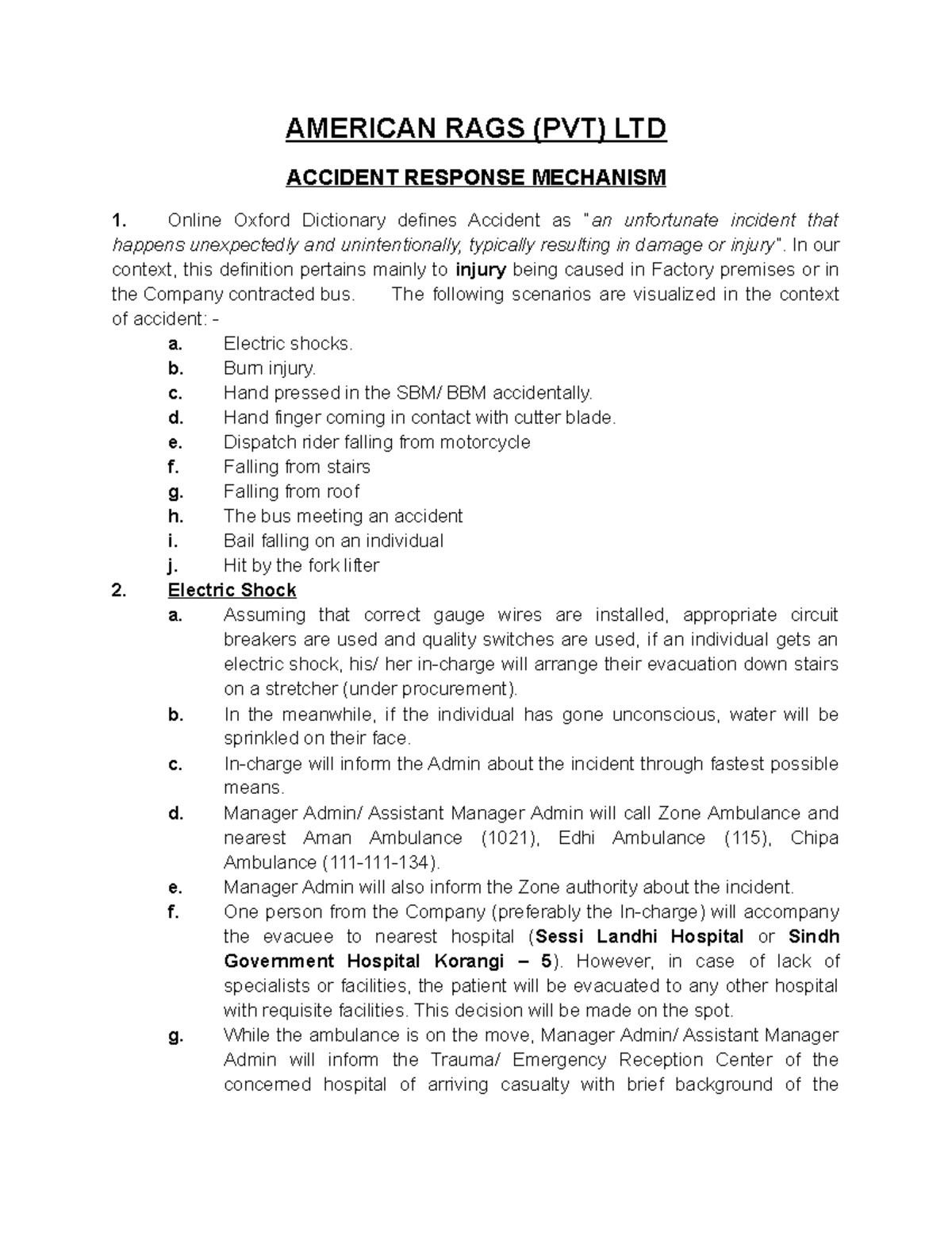 Accident Response MECH - AMERICAN RAGS (PVT) LTD ACCIDENT RESPONSE ...