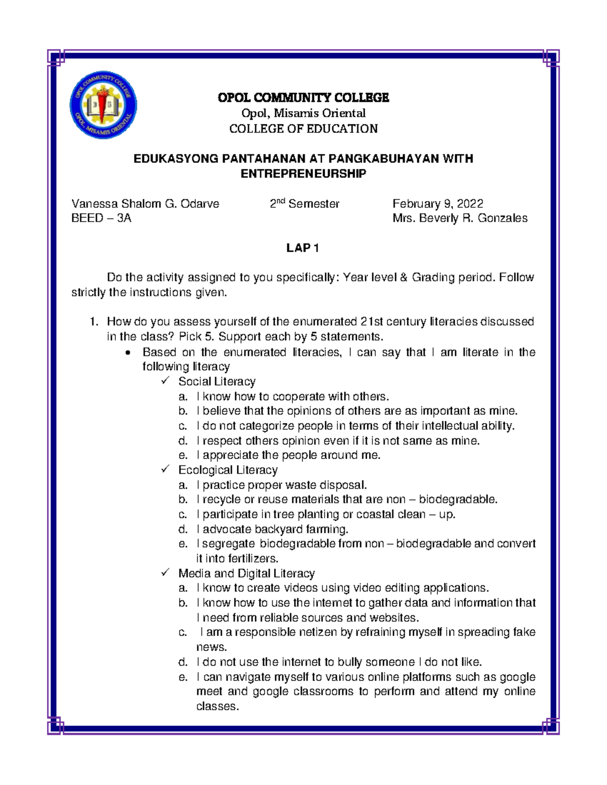 Lap 1 - TLE with Entrepreneurship Learning Activity Package 1 - OPOL ...