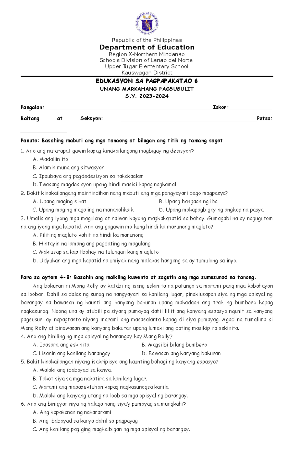 ESP 6-Q1 EXAM - 1ST PERIODICAL EXAM - Republic of the Philippines ...