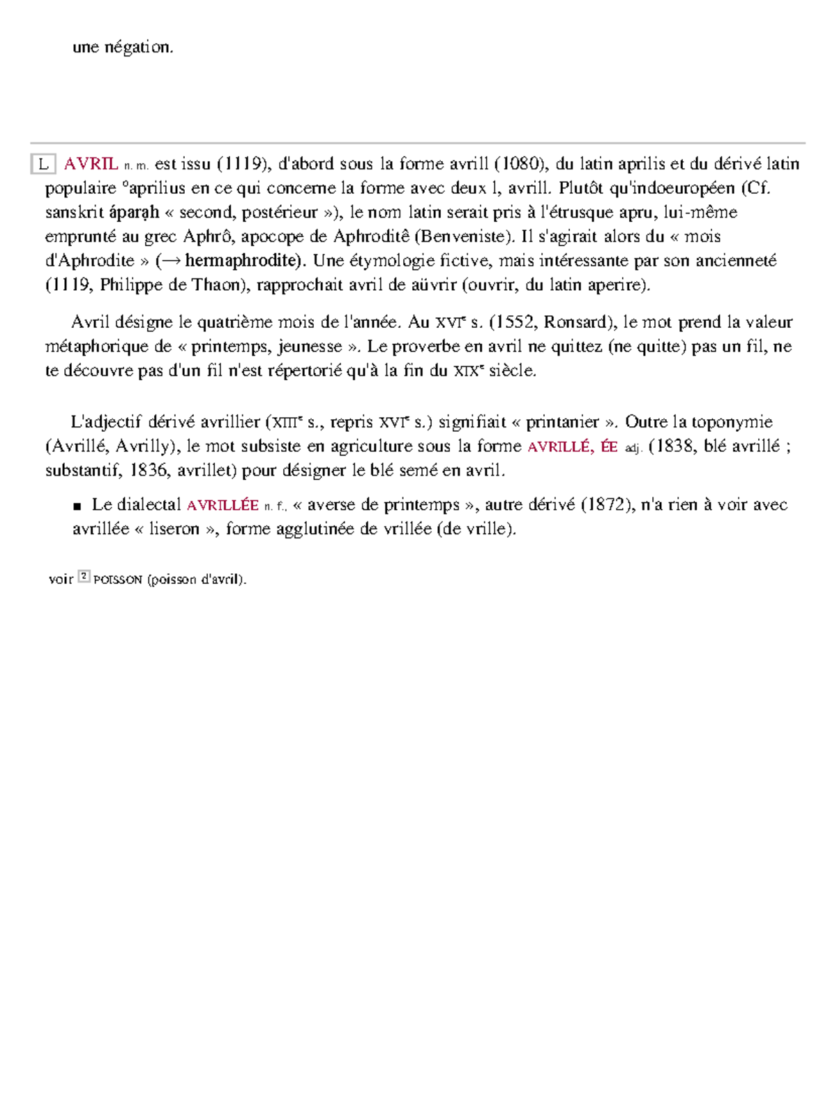 Le lexique de la lettre A - 679 - une négation. L AVRIL n. m. est issu (1119), d'abord sous la ...