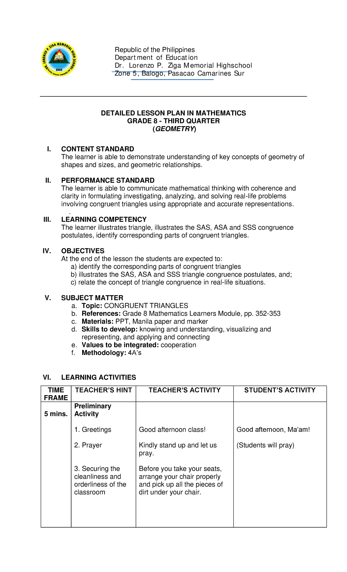 Luces LP 060516 - DETAILED LESSON PLAN IN MATHEMATICS GRADE 8 - THIRD ...