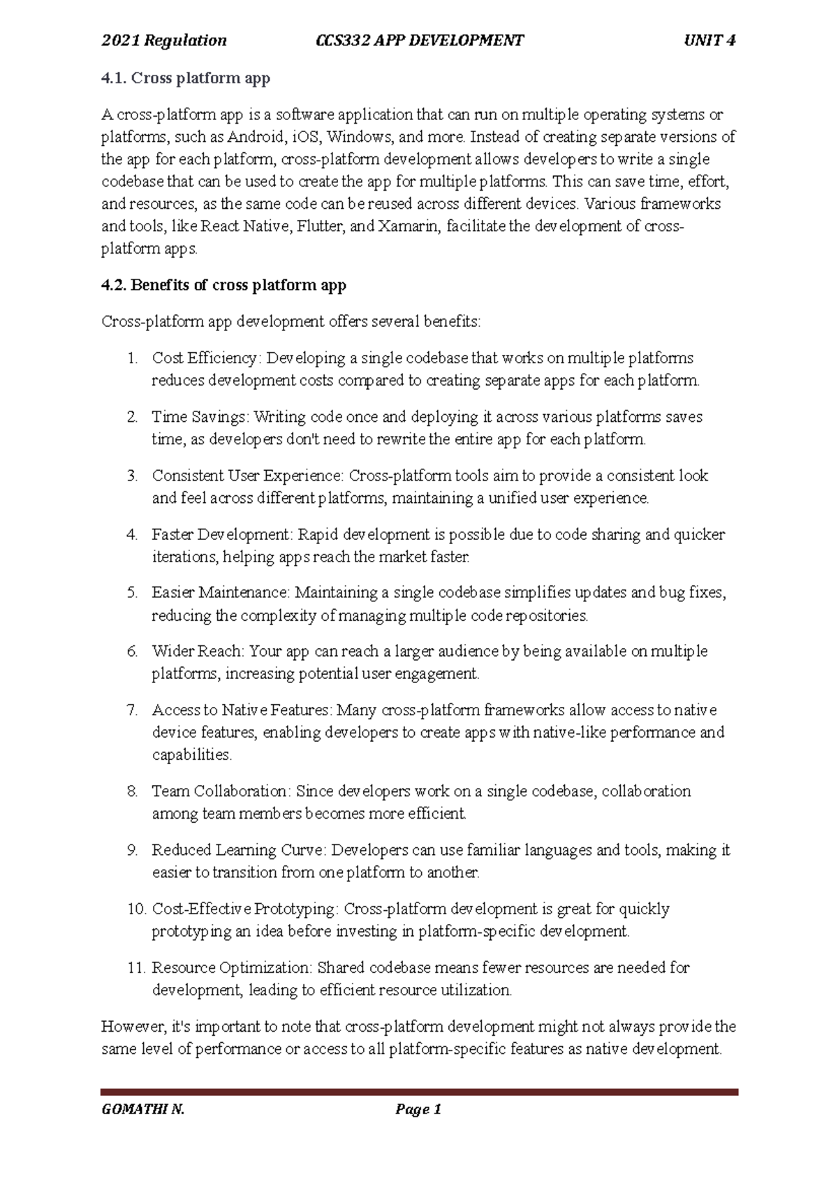 CCS332 App Development UNIT 4 Cross Platform development - 4. Cross platform app A cross ...