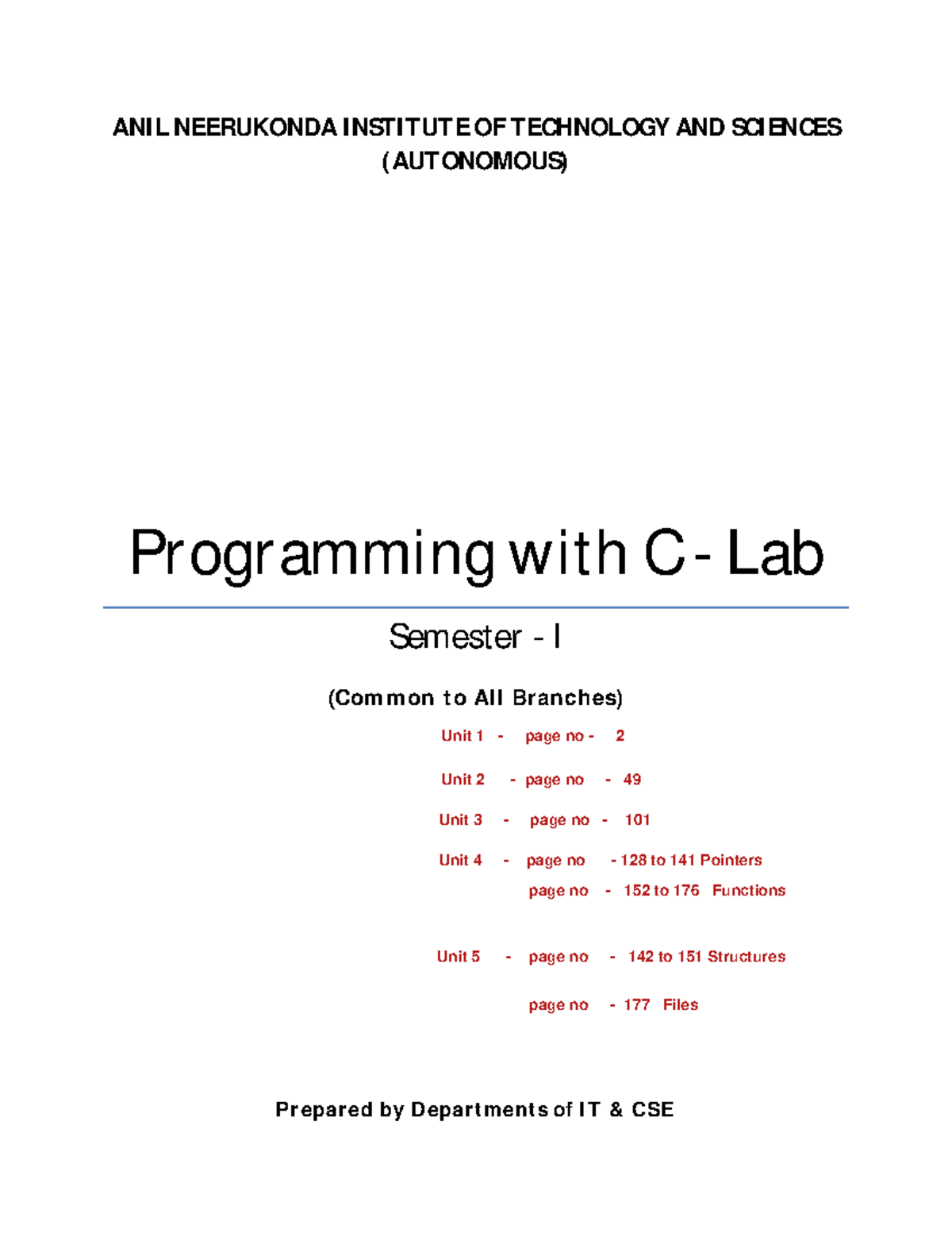 Programming with C and Lab - ANIL NEERUKONDA INSTITUTE OF TECHNOLOGY ...