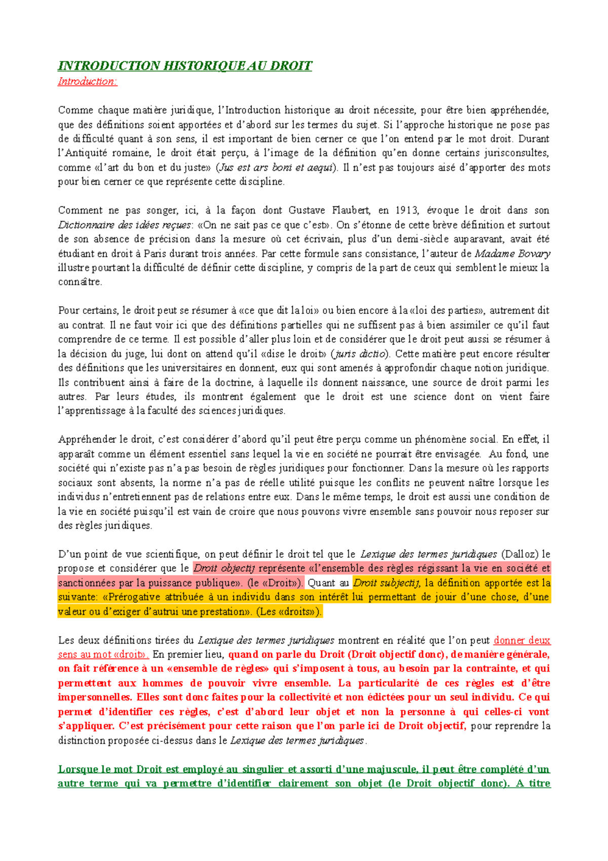 Cours - INTRODUCTION HISTORIQUE AU DROIT Introduction: Comme chaque matière juridique, - Studocu