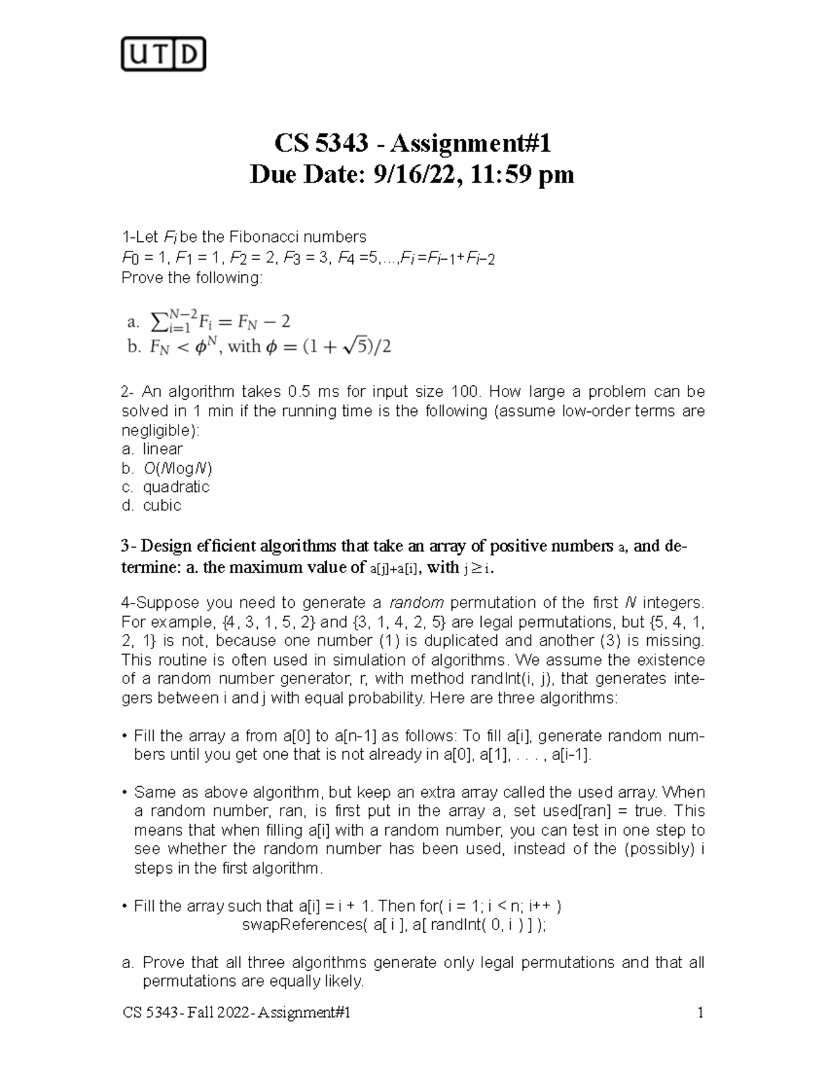 CS 5343- Fall 2022- Assignment#1 - CS 5343 - Assignment# Due Date: 9/16/22, 11:59 pm 1-Let Fi be ...