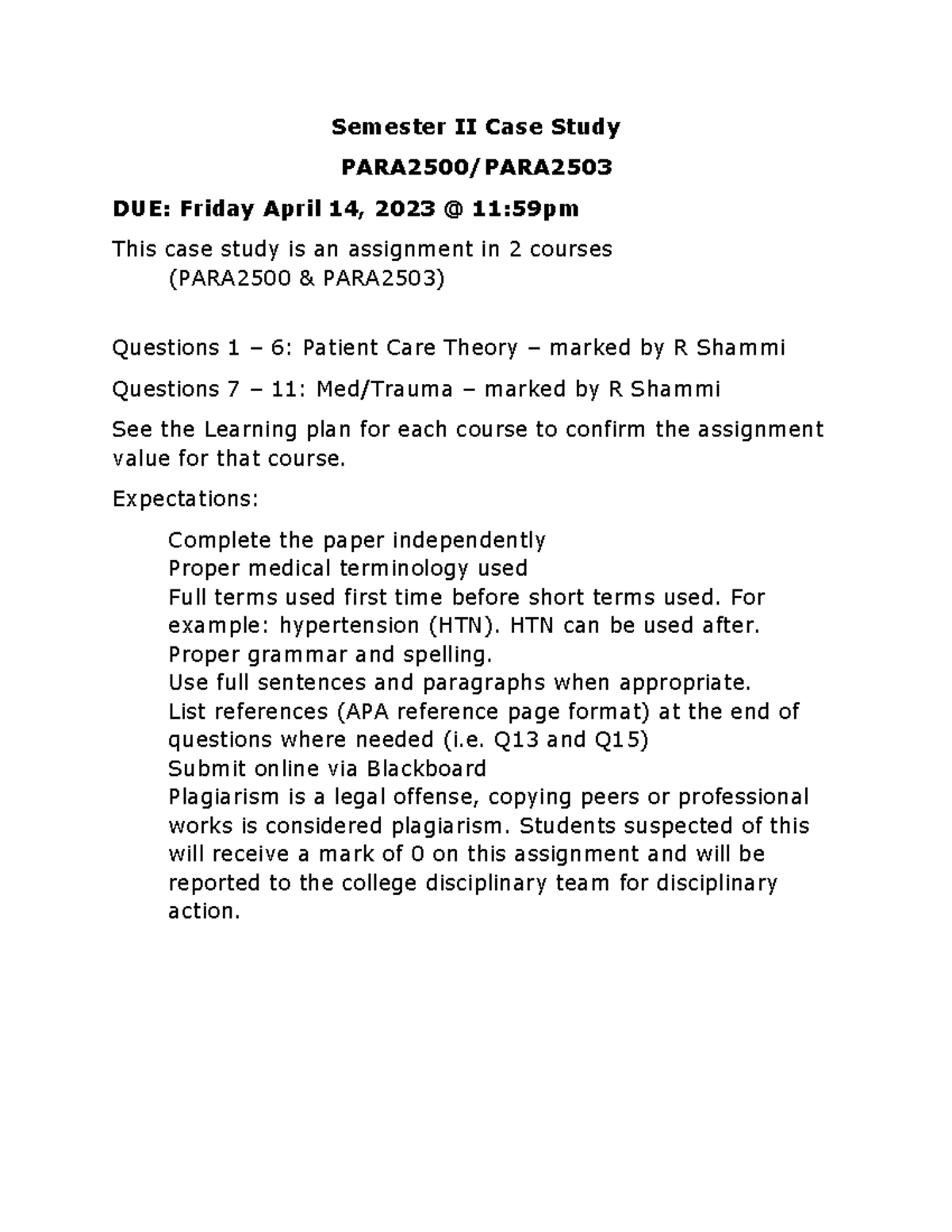study guide patho - Semester II Case Study PARA2500/PARA DUE: Friday ...
