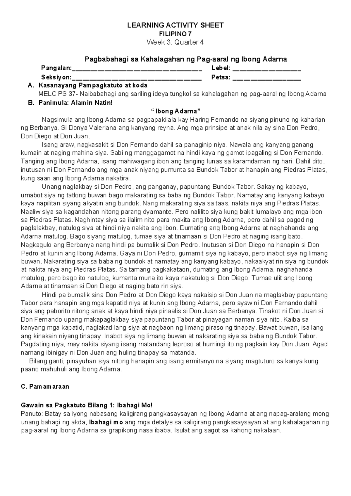X1 - Module Filipino 7 - LEARNING ACTIVITY SHEET FILIPINO 7 Week 3 ...
