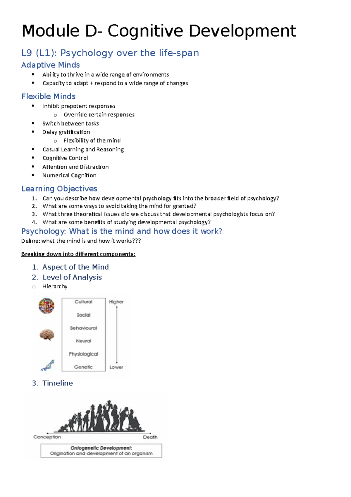 Module D- Cognitive Development - Aspect of the Mind 2. Level of Analysis o Hierarchy 3 ...