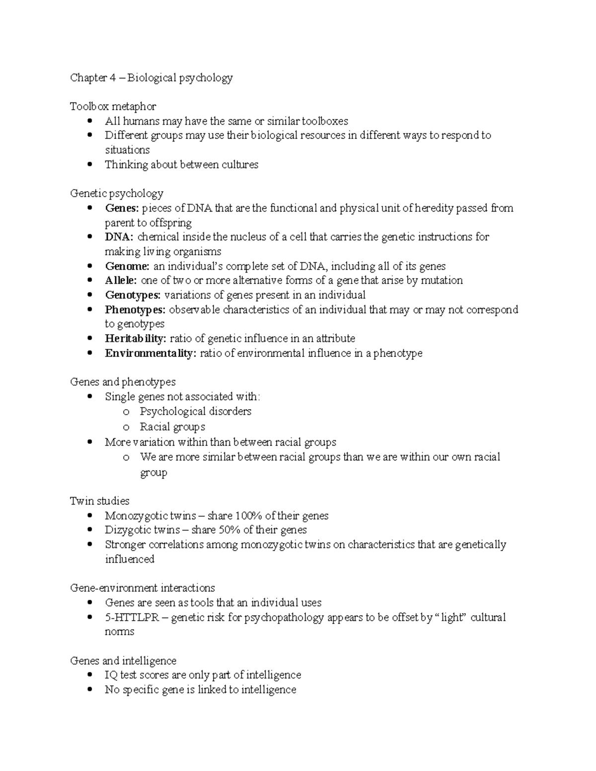 Ch. 4 Notes - Chapter 4 – Biological psychology Toolbox metaphor All ...