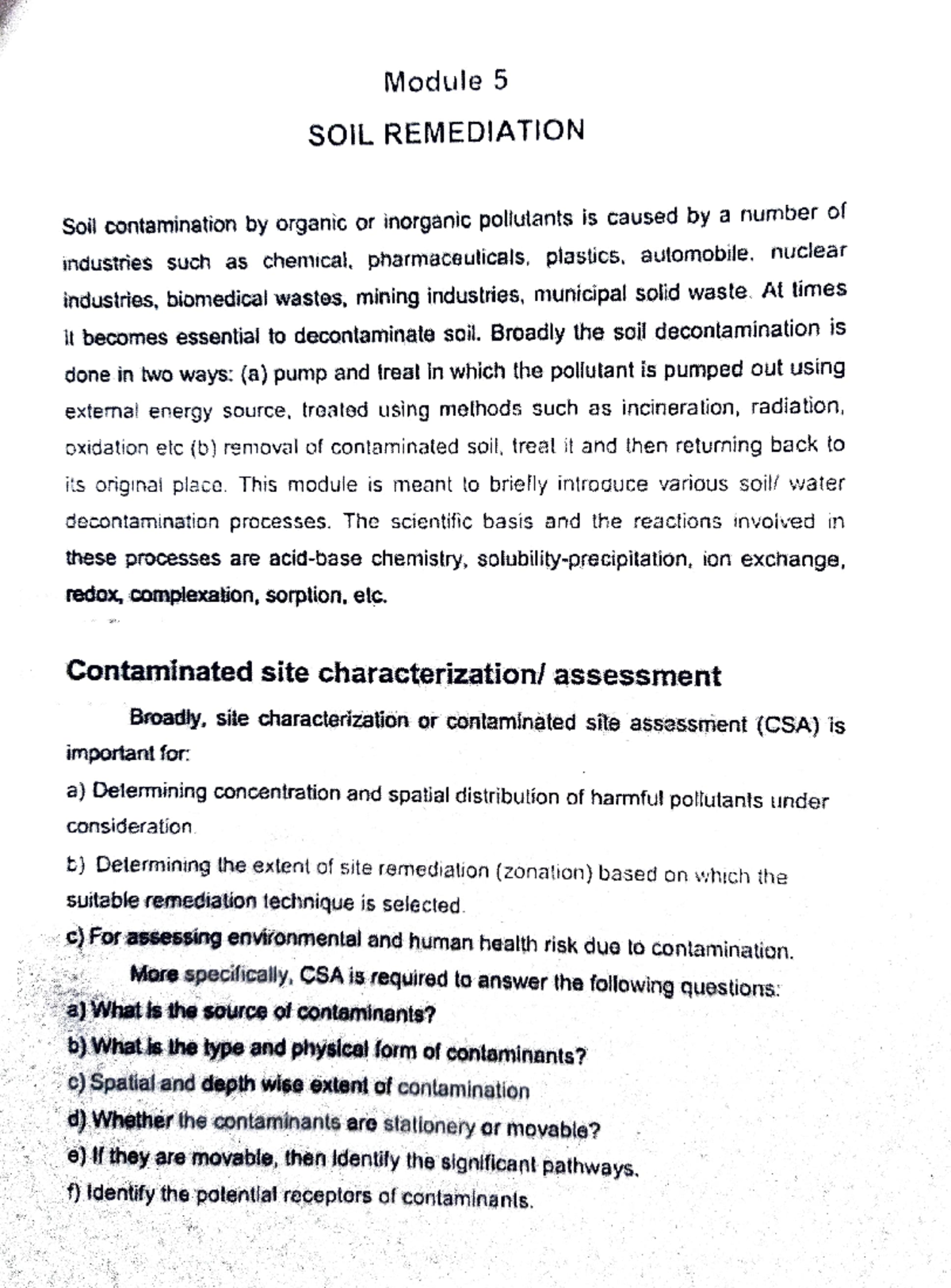 Notes of geomatics - Module 5 SOIL REMEDIATION Soil contamination by ...