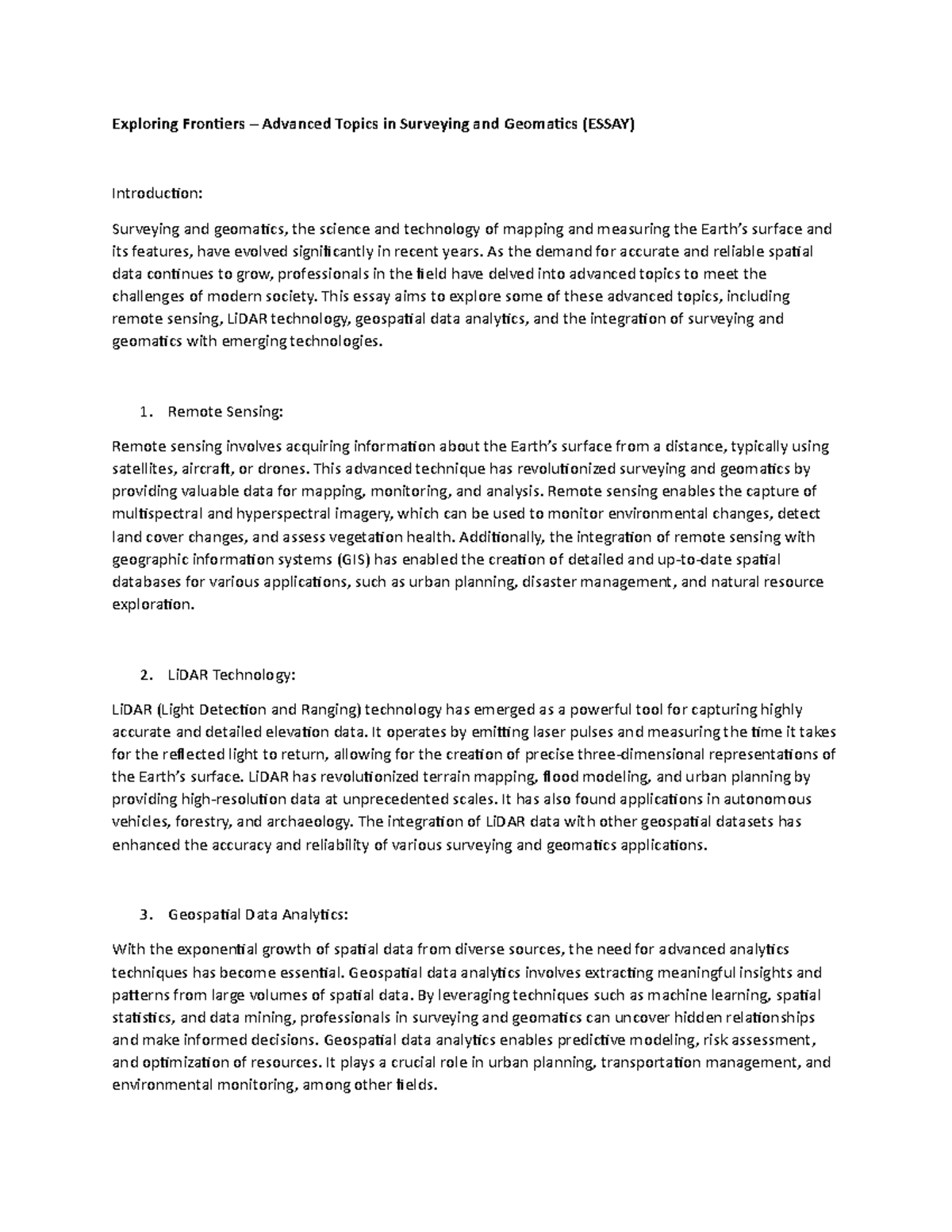 Exploring Frontiers – Advanced Topics in Surveying and Geomatics (Essay ...