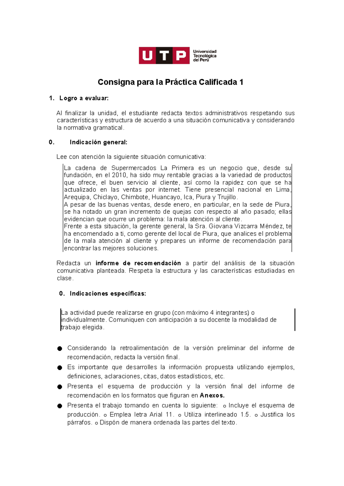 Práctica Calificada 1 S08 - Consigna para la Práctica Calificada 1 1 ...