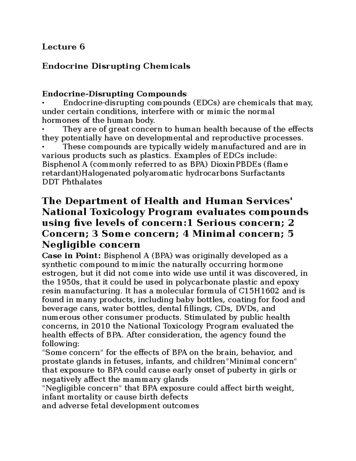 Lecture 6 - Lecture 6 Endocrine Disrupting Chemicals Endocrine ...