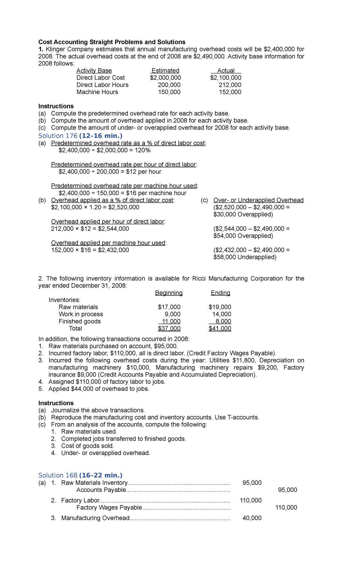 Cost Accounting Straight Problems and Solutions - Activity base ...