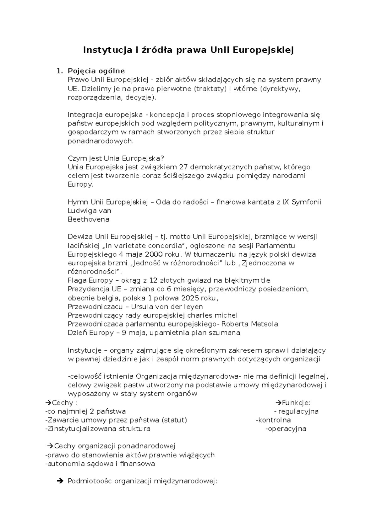 Instytucje ue 1 - Notatki o Ue - Instytucja i źródła prawa Unii Europejskiej Pojęcia ogólne ...