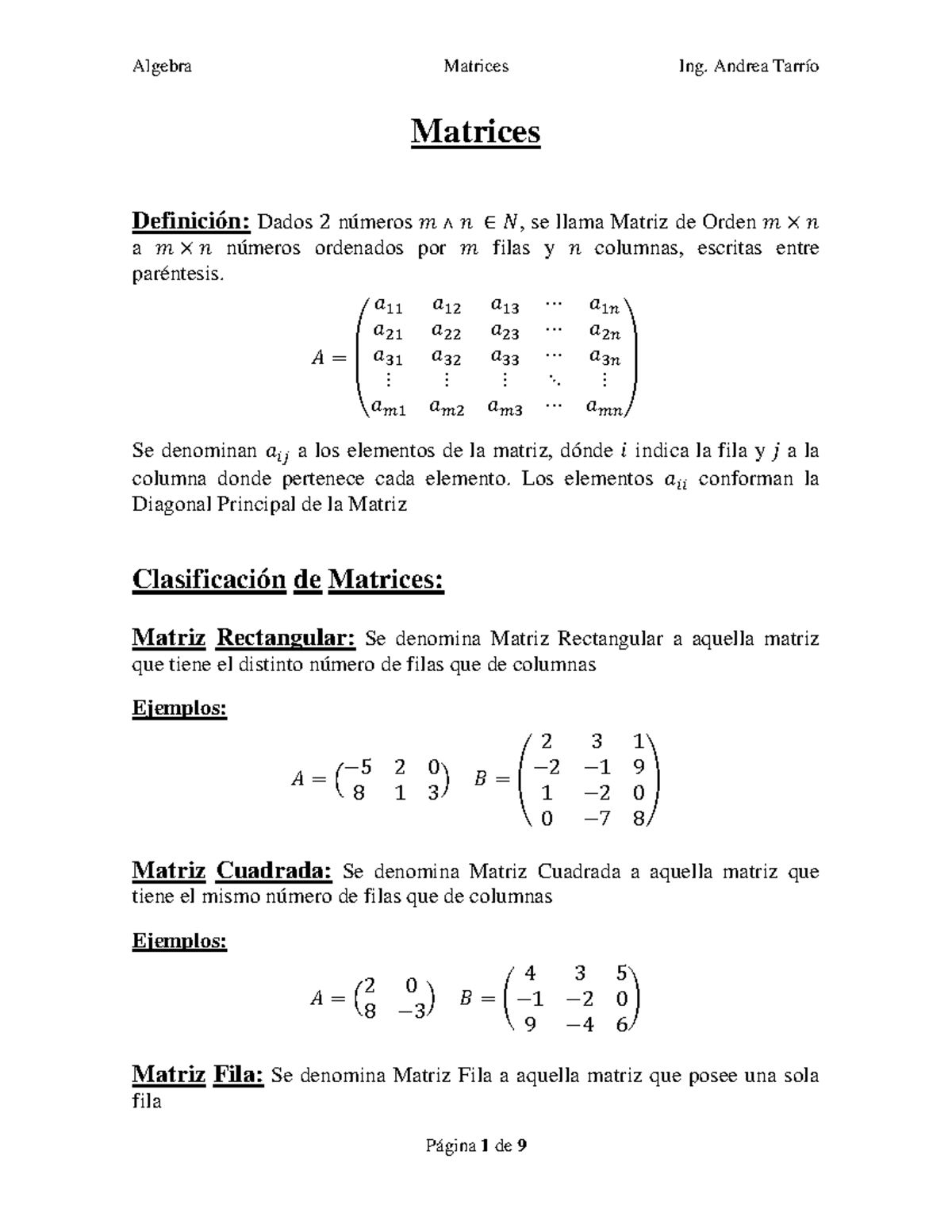 Matrices - Apunte de clase -teoria - Matrices Definición: Dados números ...