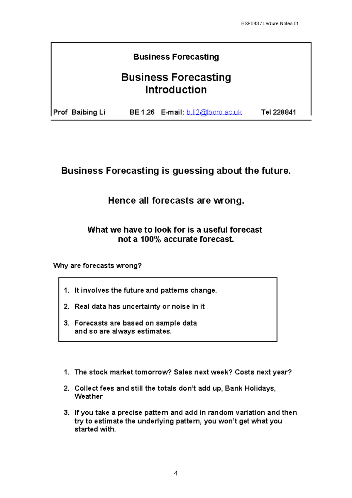 Ln 01 Lecture Notes 1 Bsp043 Lecture Notes 01 Business Forecasting Business Forecasting