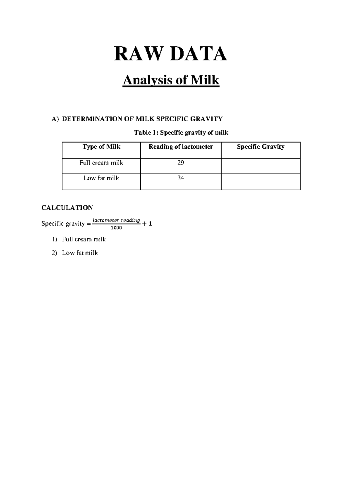 FST 653 RAW DATA Analysis OF MILK - RAW DATA Analysis of Milk A) DETERMINATION OF MILK SPECIFIC ...