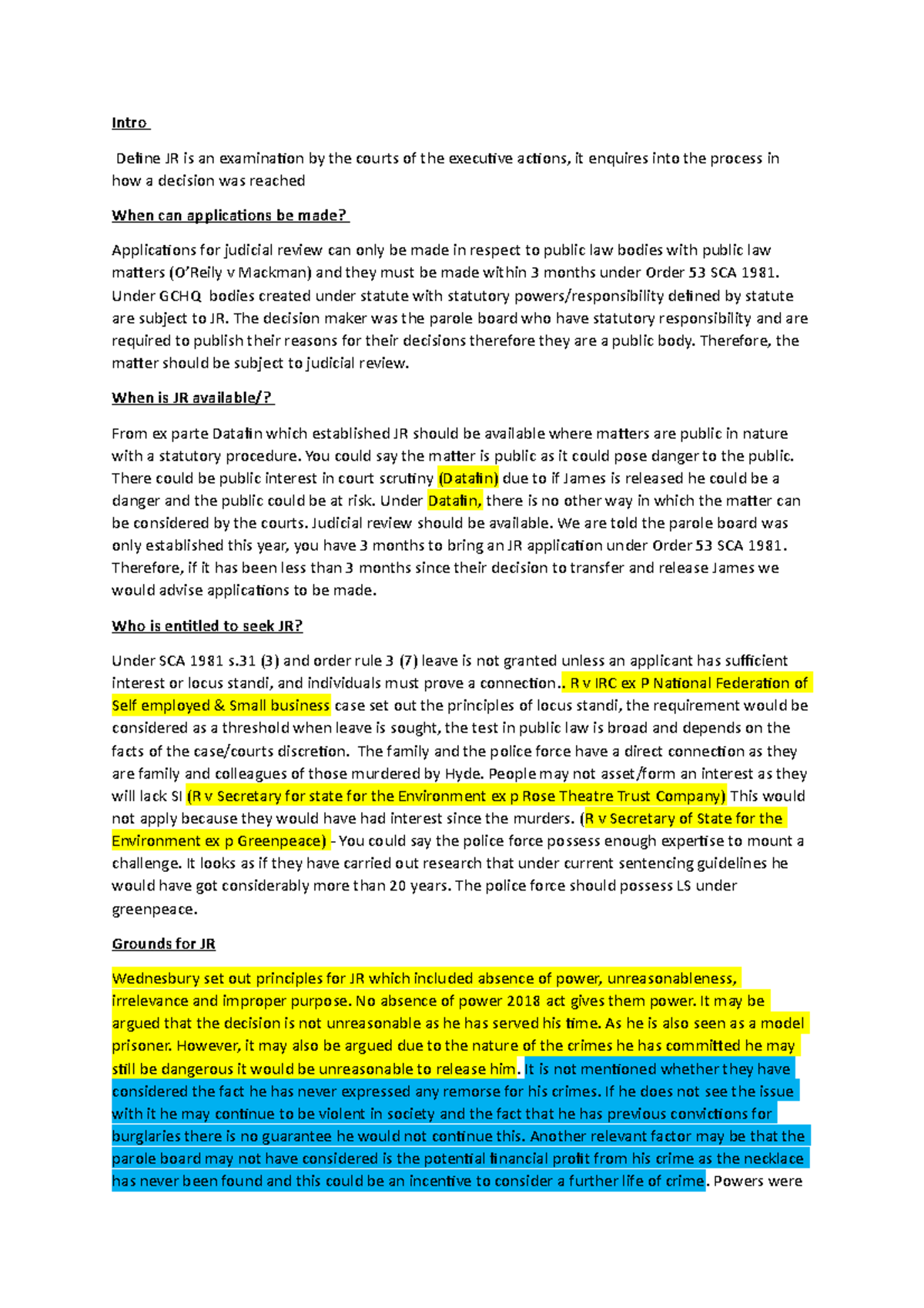 Judicial Review Answer - Intro Define JR is an examination by the ...
