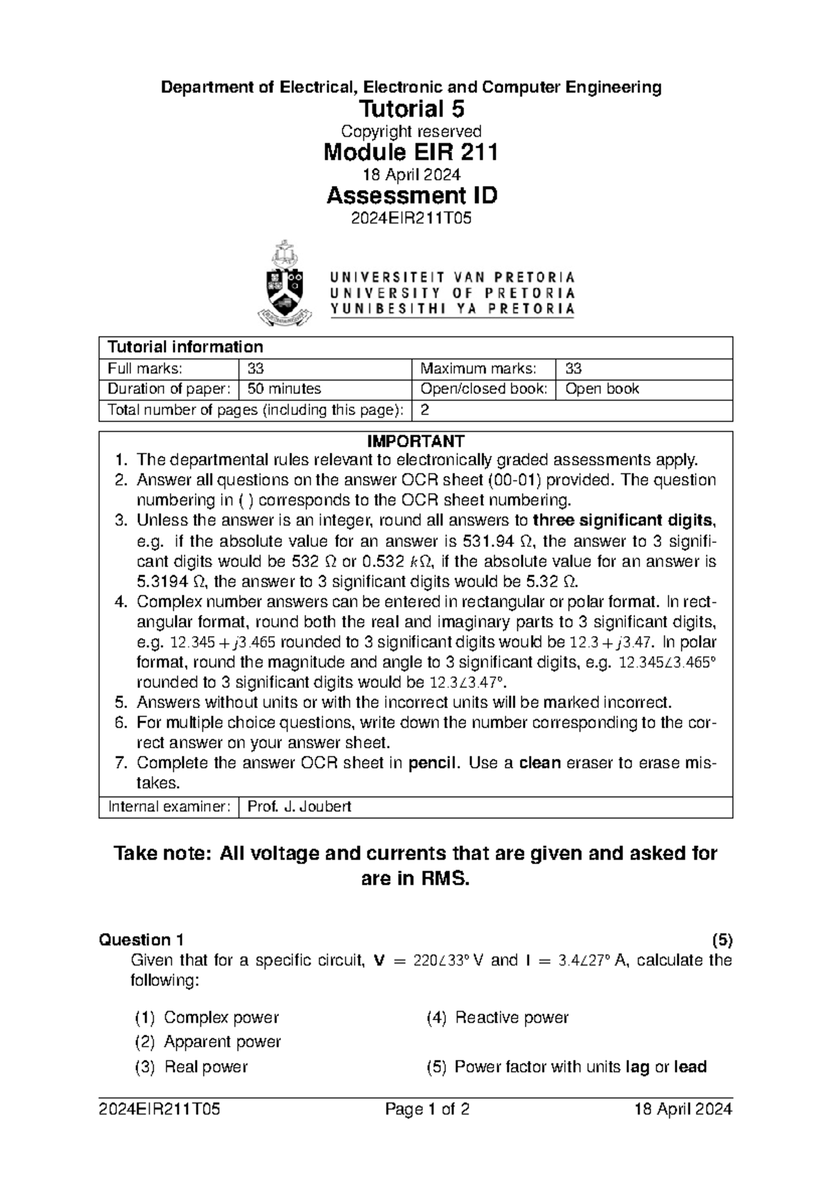 EIR 211 TUTORIAL 5 QUESTIONS - Department of Electrical, Electronic and Computer Engineering ...