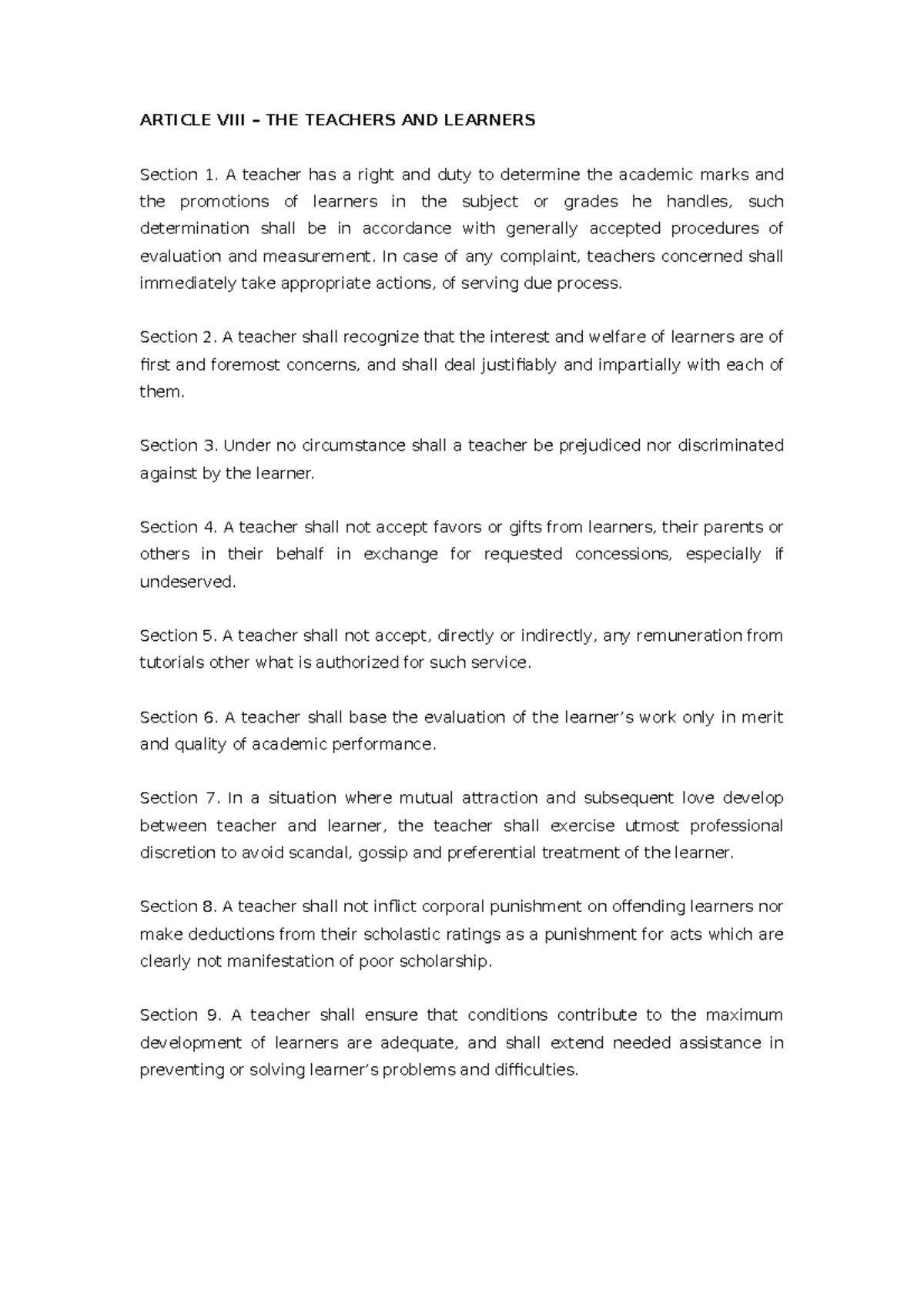 Article VIII – THE Teachers AND Learners - ARTICLE VIII – THE TEACHERS ...