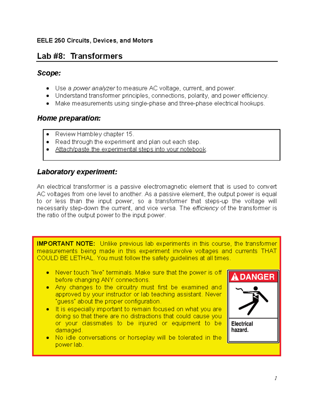 EELE 250 Lab 08 FL13 - Guide to transformer experiments - EELE 250 Circuits, Devices, and Motors ...